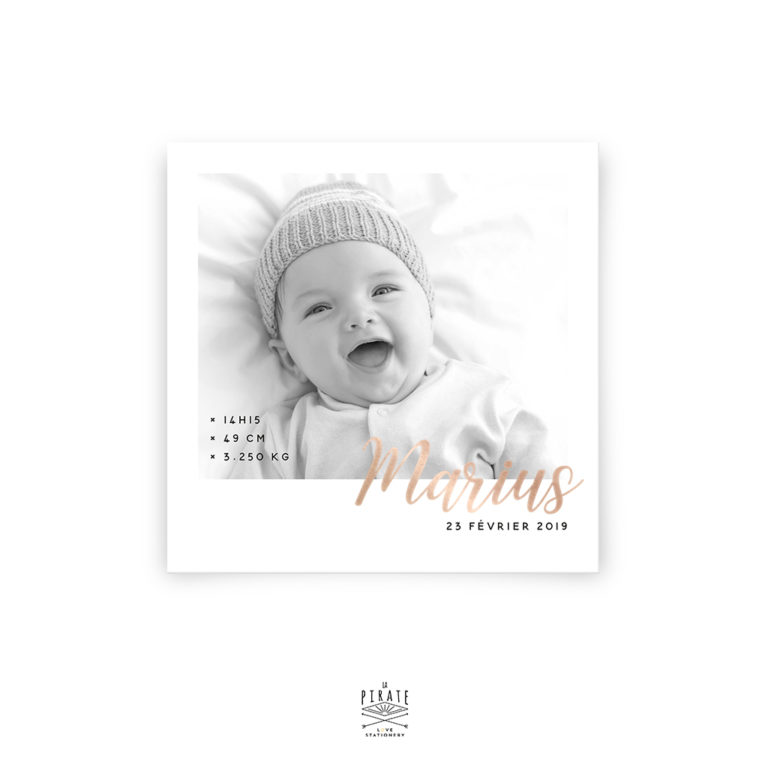 Faire-Part Naissance photo Marius, dorure cuivrée • La Pirate