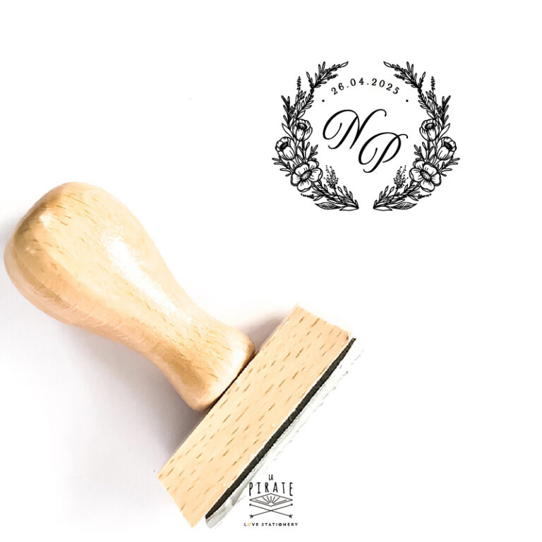 Tampon mariage initiales, couronne de fleurs personnalisé, original